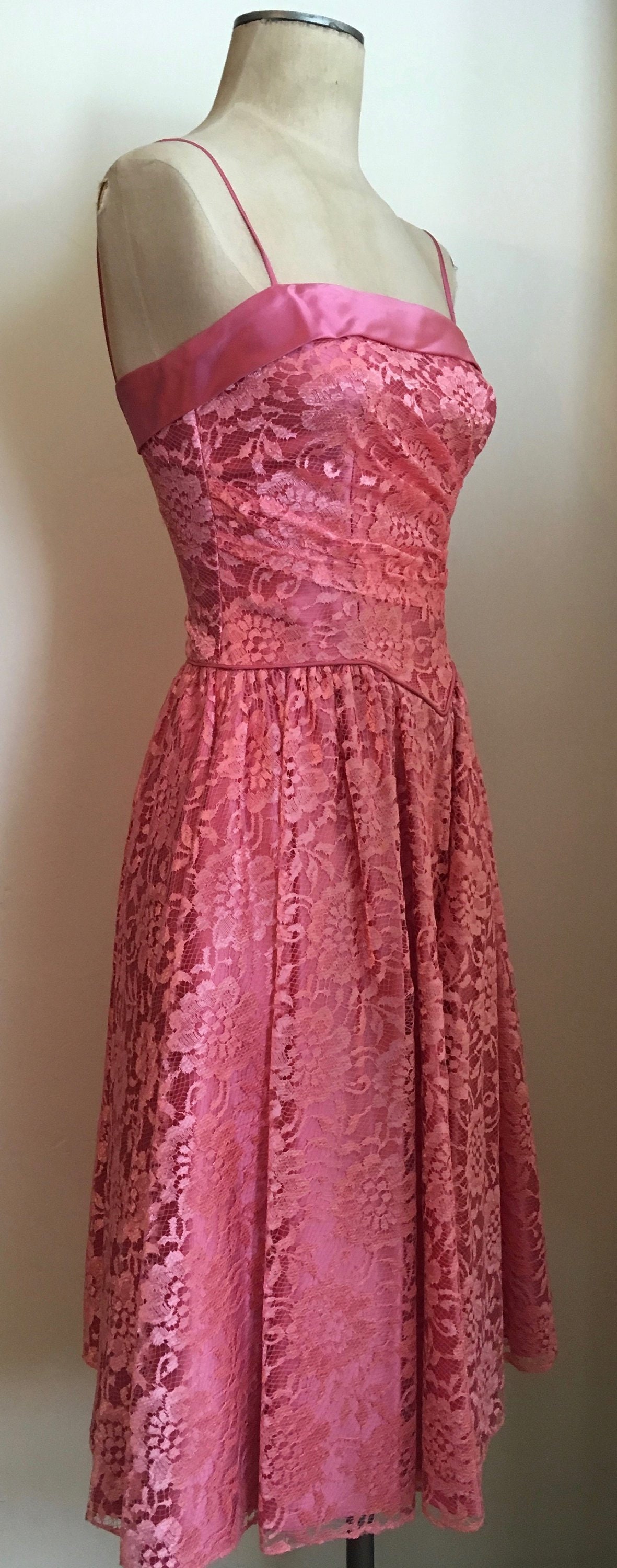 Vintage 1980's Custom Made Pink Satin & Lace Party Dress With Basque ...
