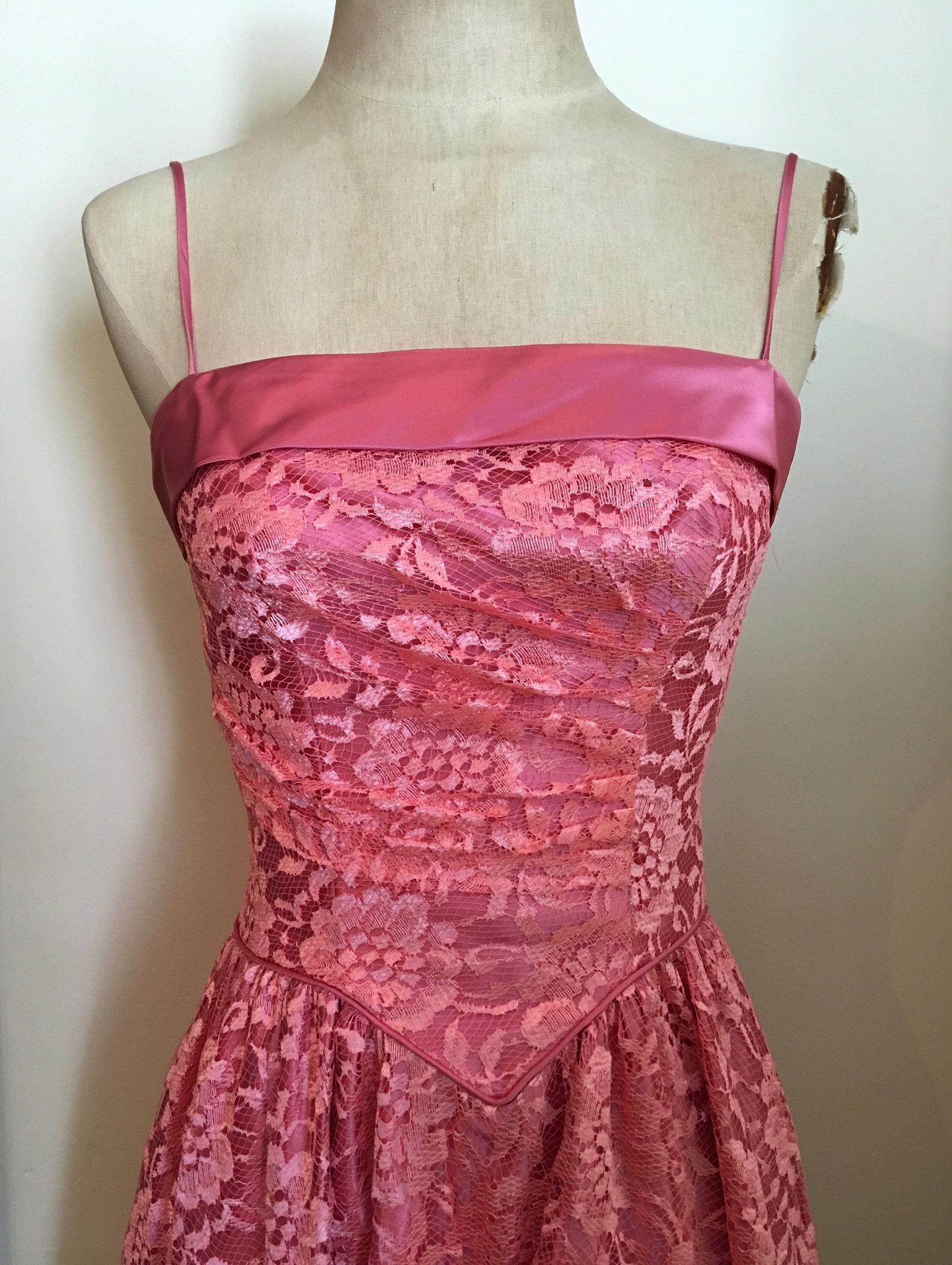 Vintage 1980's Custom Made Pink Satin & Lace Party Dress With Basque ...