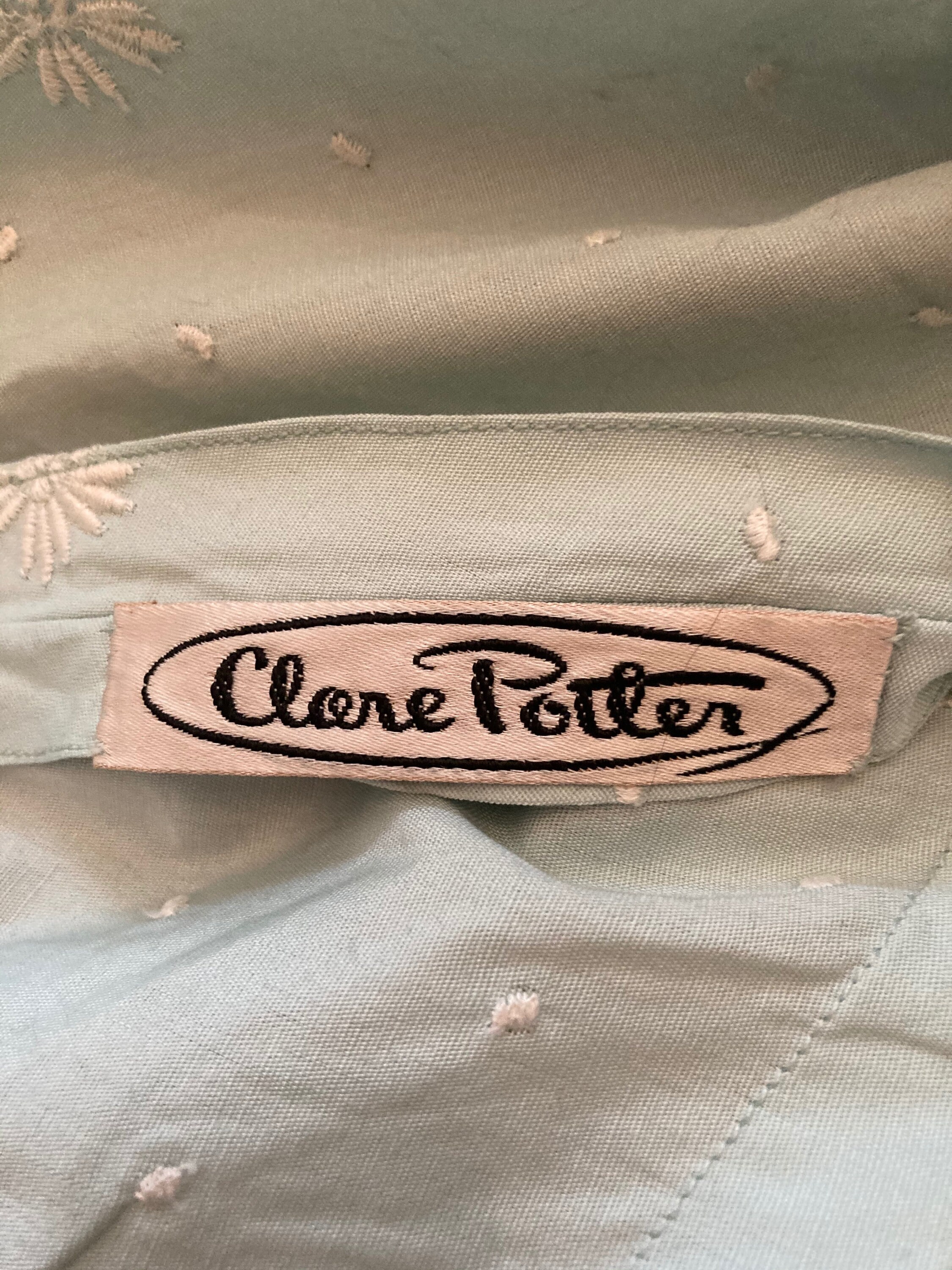 1950s Rare Clare Potter Light Mint Green & White Cotton Embroidered Day ...