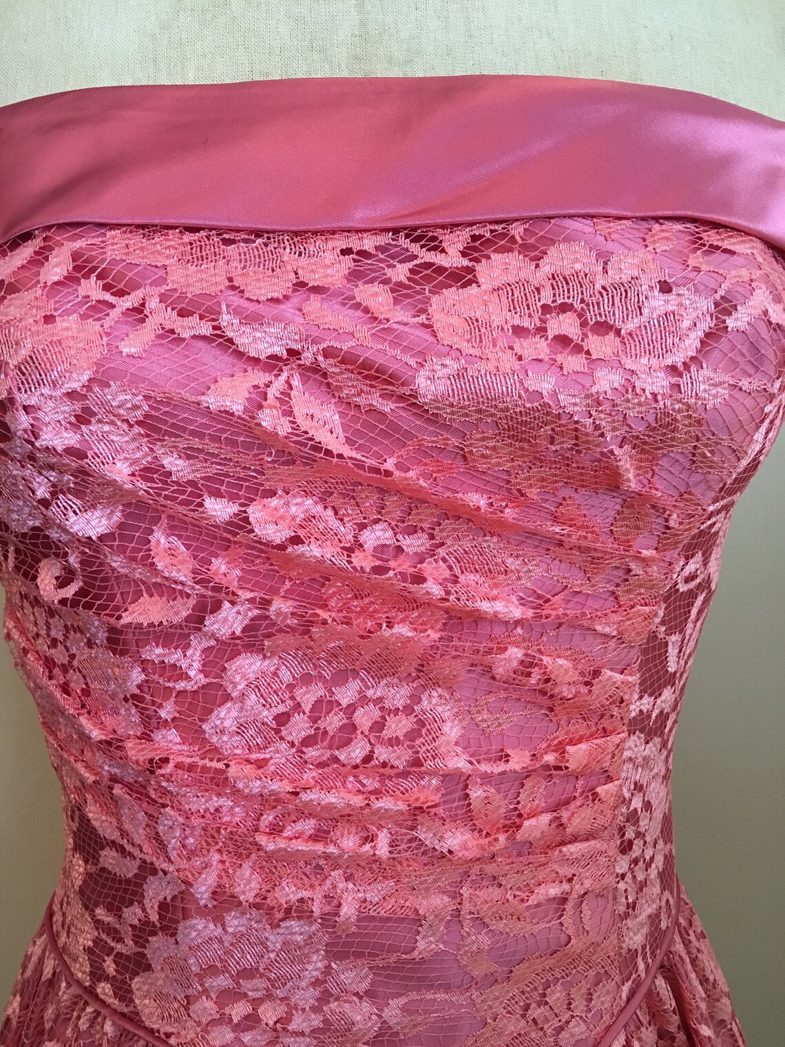 Vintage 1980's Custom Made Pink Satin & Lace Party Dress With Basque ...