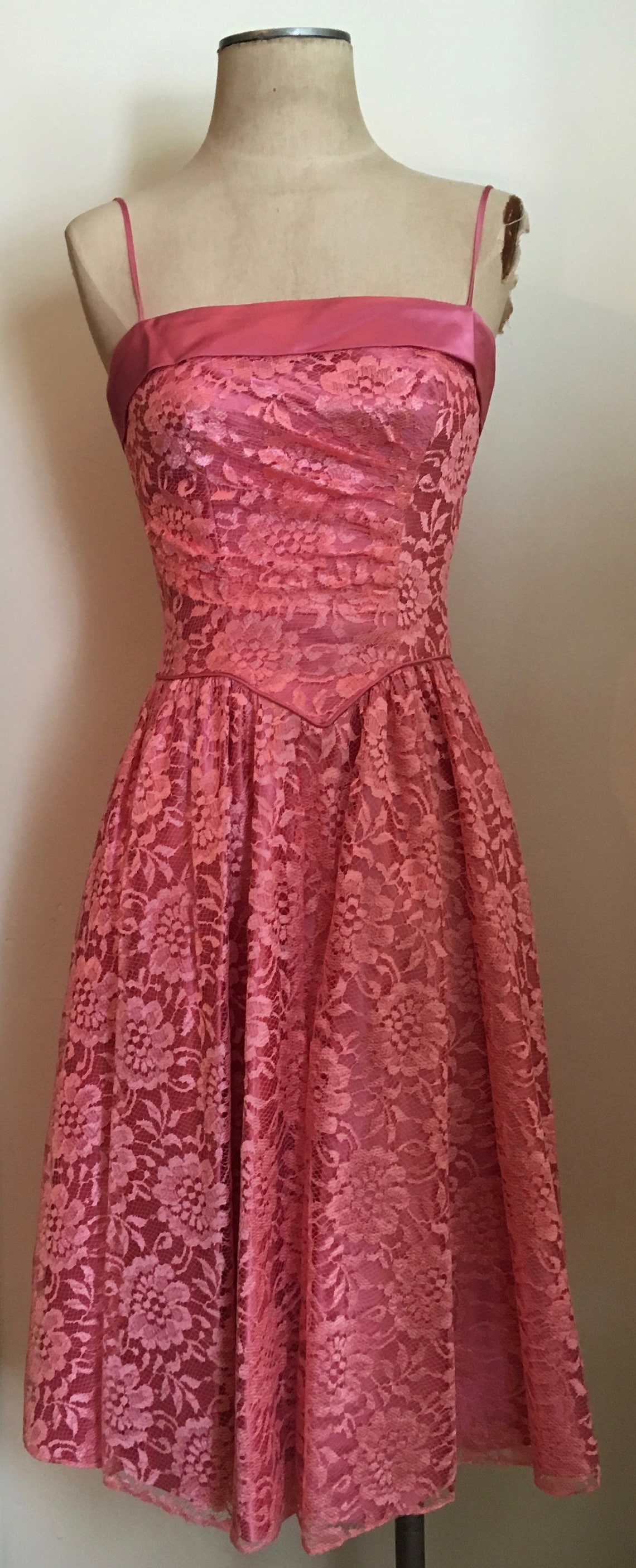 Vintage 1980's Custom Made Pink Satin & Lace Party Dress With Basque ...