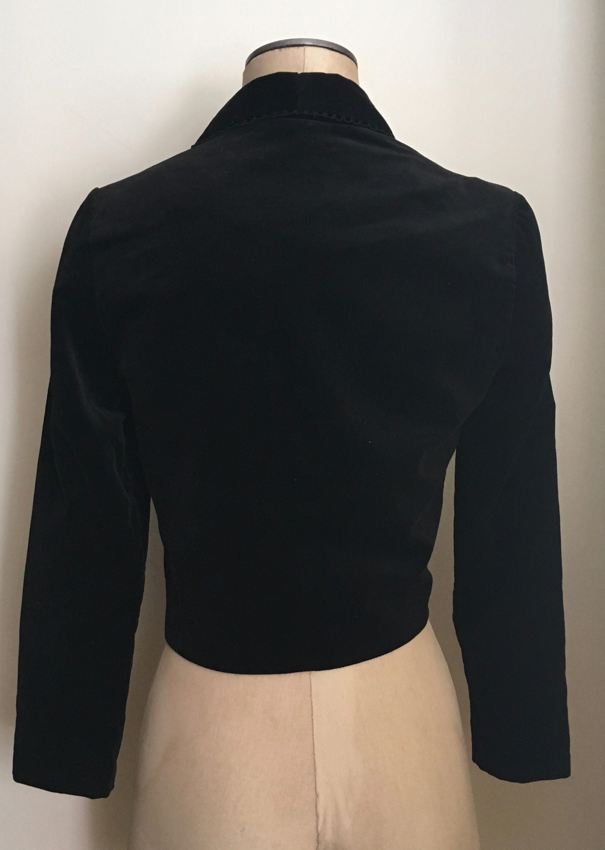 80s Black Velvet Cropped Jacket With Shawl Collar and Looped Edging ...