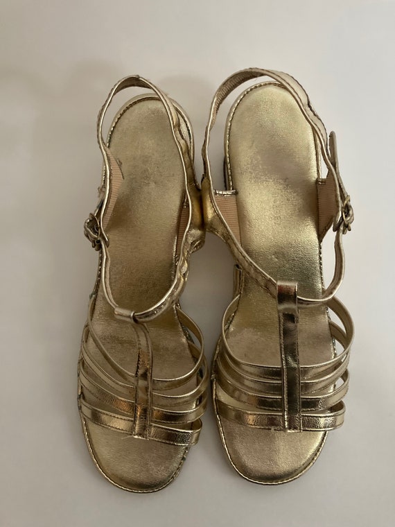 1970s Strappy Gold Low Wedge Sandals/Heels/US Women's… - Gem