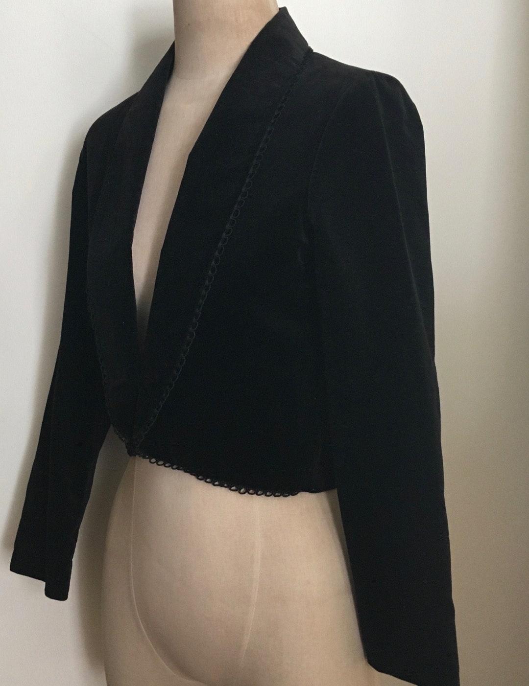 80s Black Velvet Cropped Jacket With Shawl Collar and Looped Edging ...