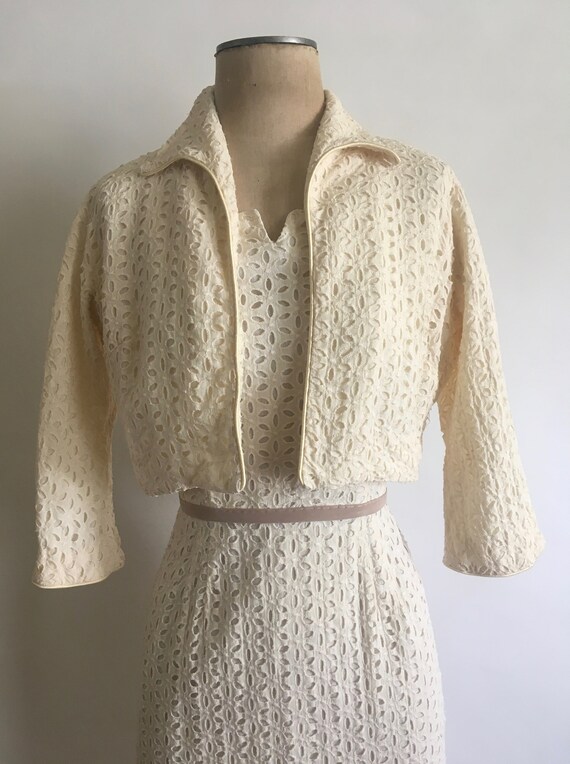 50s Cream Cotton Eyelet Dress and Matching Cropped Ja… - Gem
