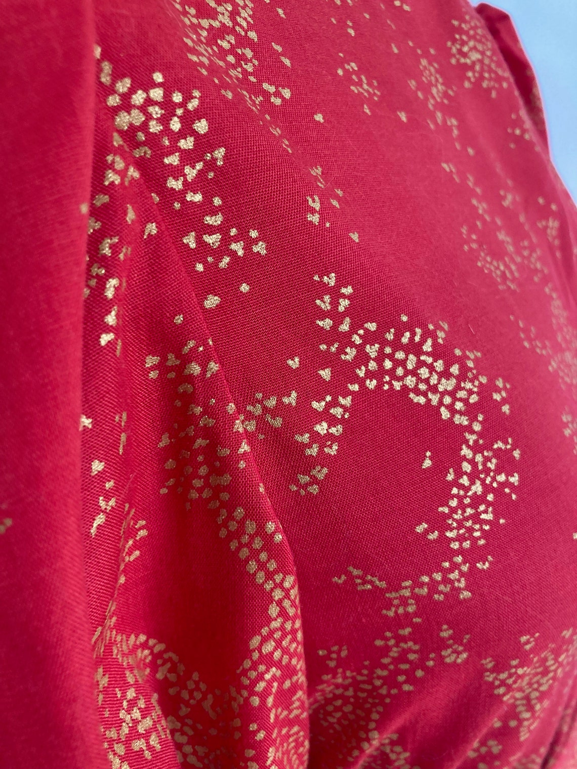 1980s Red With Gold Print Dress With Puff Sleeves and Matching Pleated ...