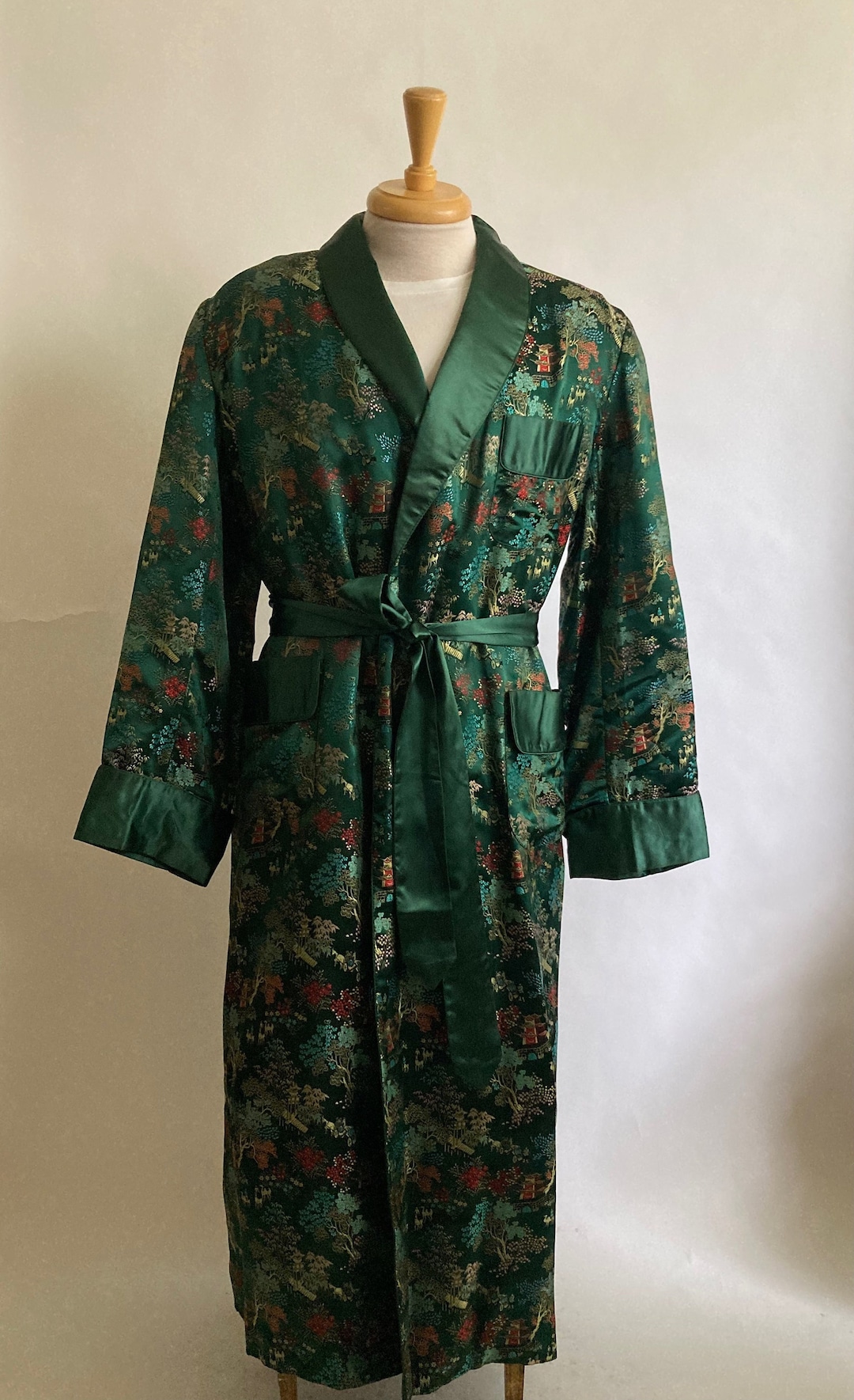 1960's Deep Green Satin Brocade Men's Smoking Jacket/robe/vintage Mens ...