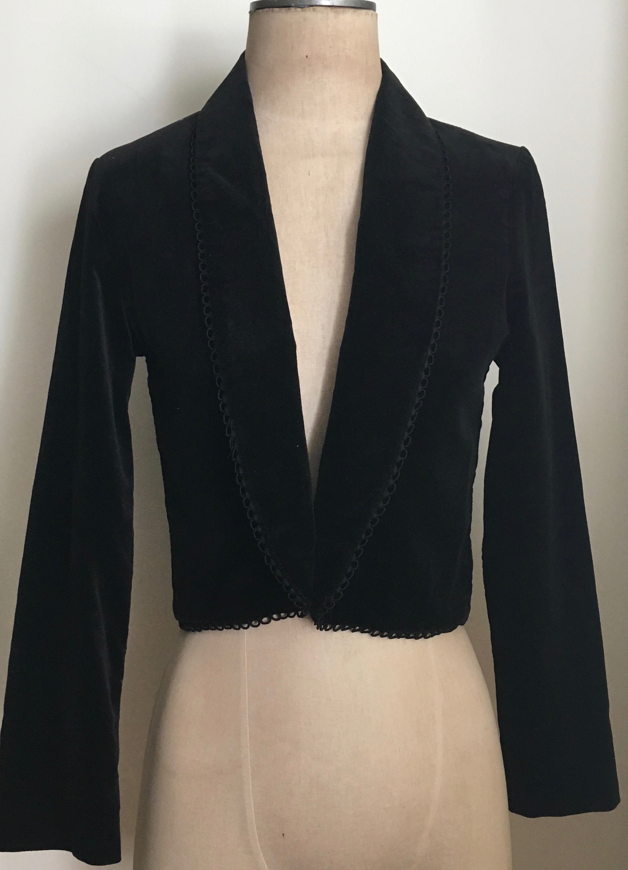 80s Black Velvet Cropped Jacket With Shawl Collar and Looped Edging ...
