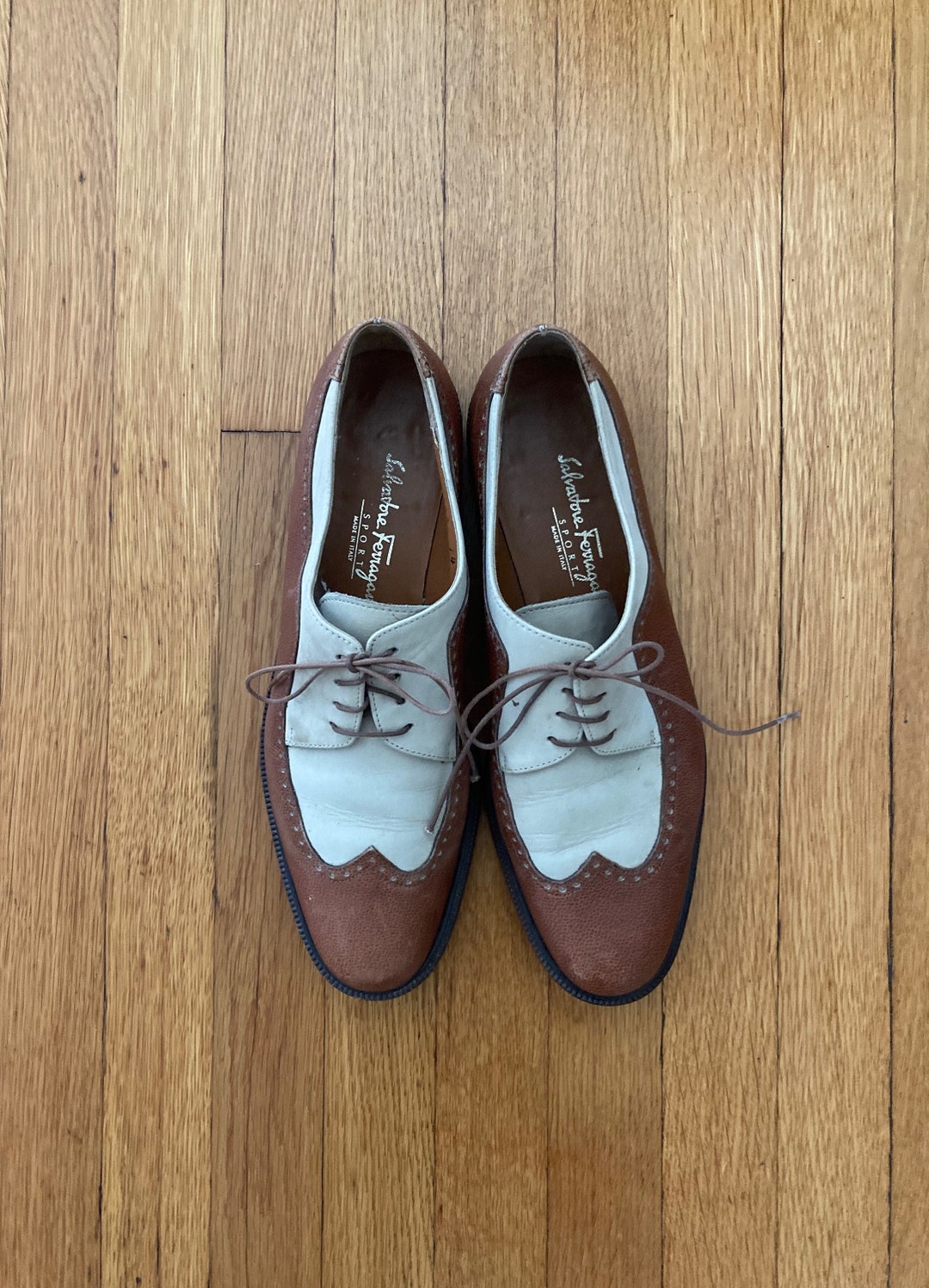 1980s Vintage Salvatore Ferragamo Two Tone Wing Tip Oxford Shoes ...