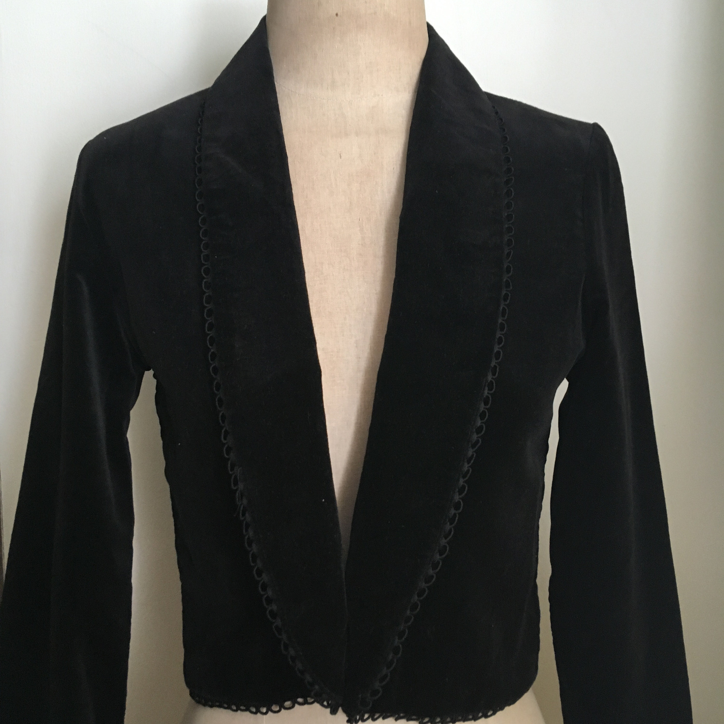 80s Black Velvet Cropped Jacket With Shawl Collar and Looped Edging ...