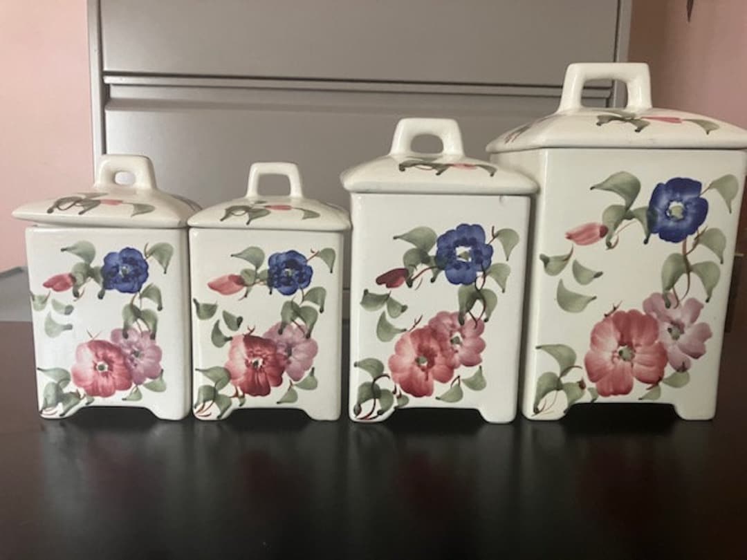 Canister Set, 4 Canisters/4 Lids, Flowers, Hand Painted - Etsy