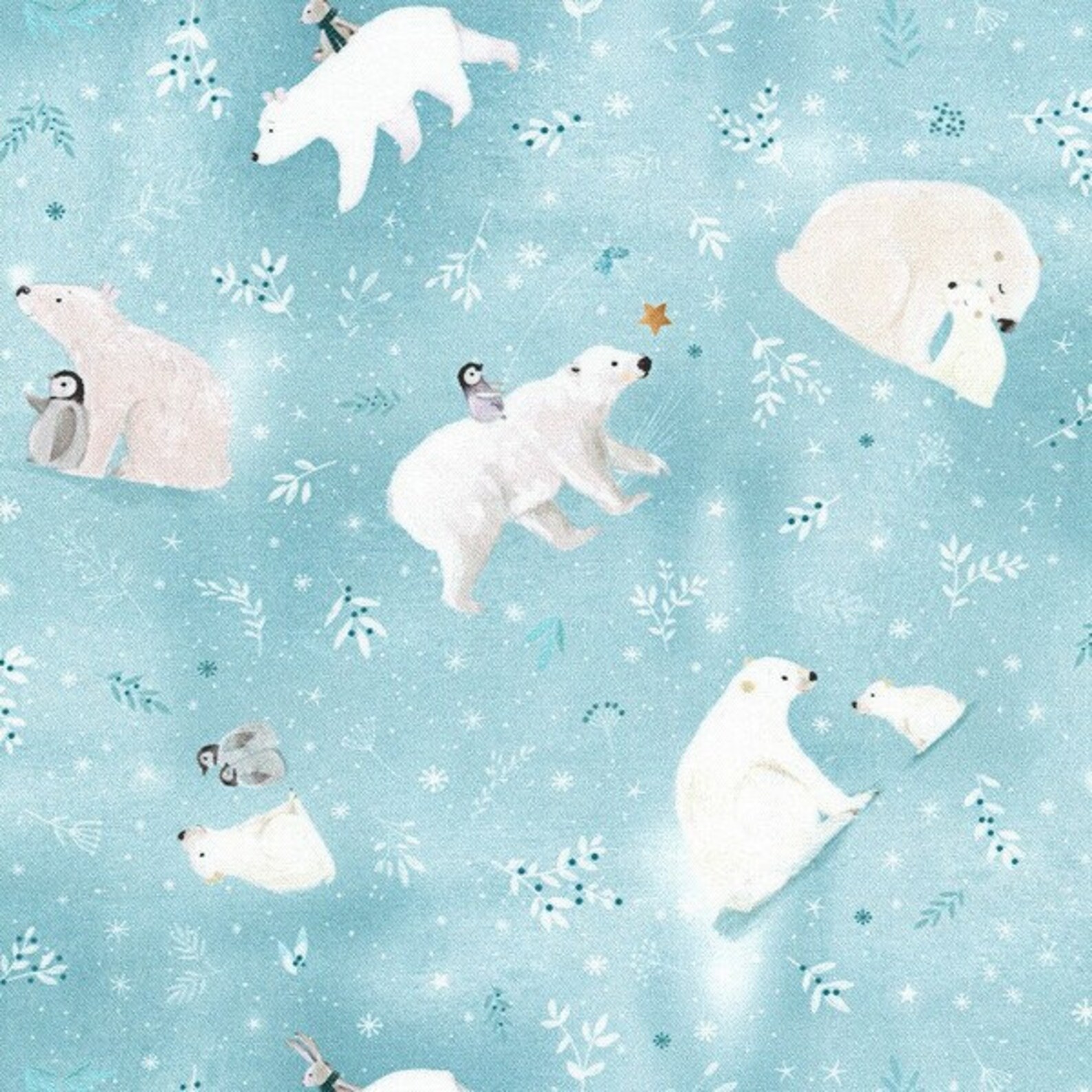 Snowy Fable by Samantha Neville for Robert Kaufman Polar Bears in Aqua ...