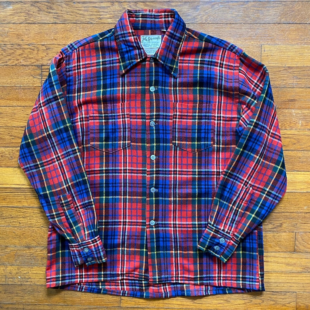 1970's John Wanamaker Wool / Nylon Plaid Button Front / Flannel / Field ...