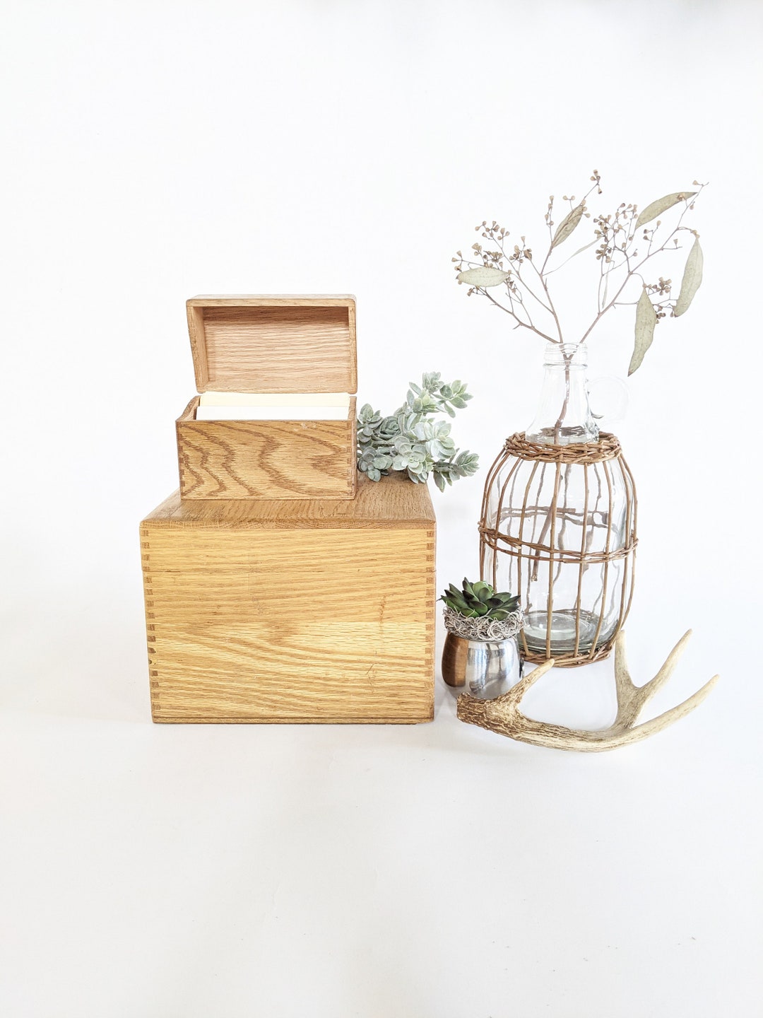 Two Wood File Boxes Vintage Recipe Box Mid Century Office Organization ...