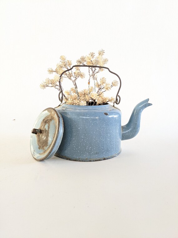 Blue Enamelware Tea Kettle Blue Gray KTICHEN Coffee Pot | Etsy