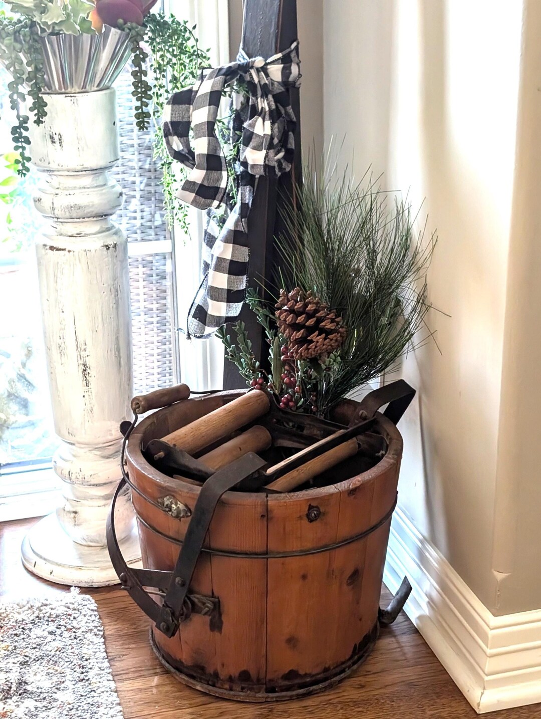Vintage MOP Bucket Primitive Wood Container Country Centerpiece Porch ...