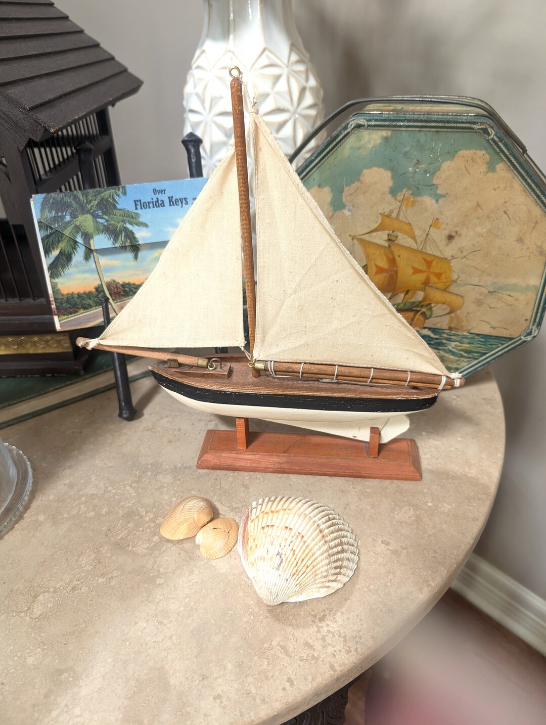 Vintage Model Ship, Wooden Sailboat, Shelf Decor, Lake House Prop ...