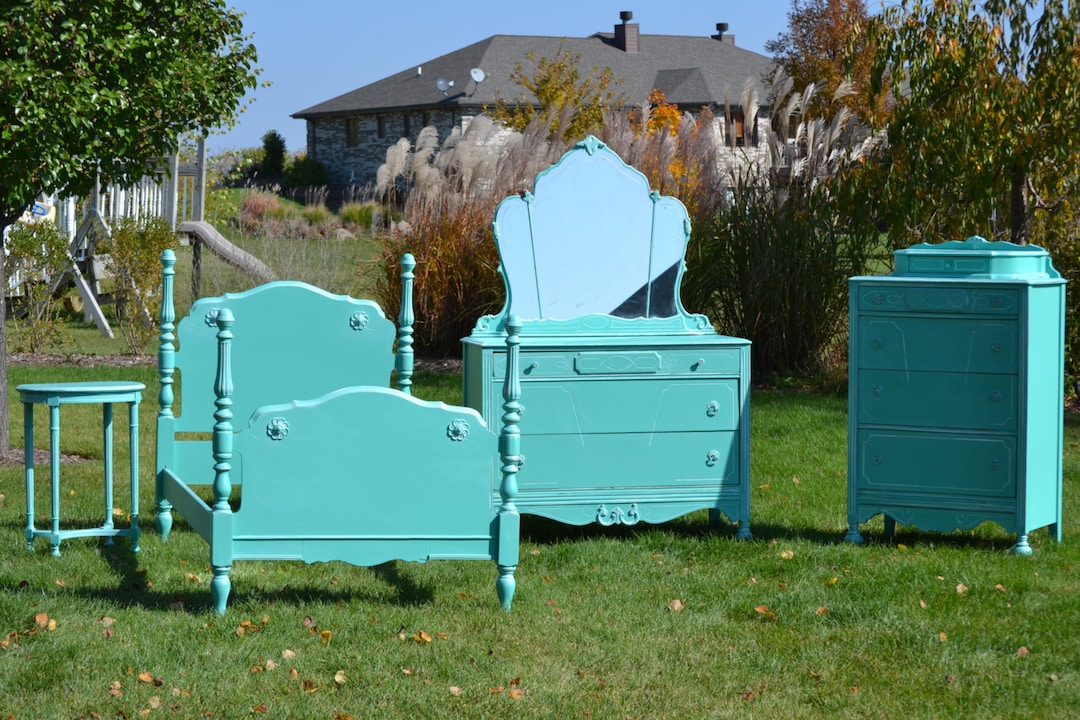 Dresser & Mirror Vibrant Green Vintage Painted Repurposed Glazed and ...