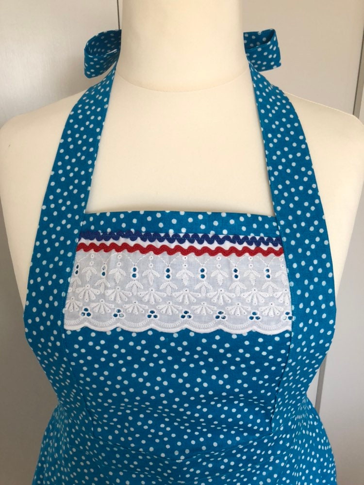 Blue spotted ladies apron Full length ladies apron Blue dotty ladies ...