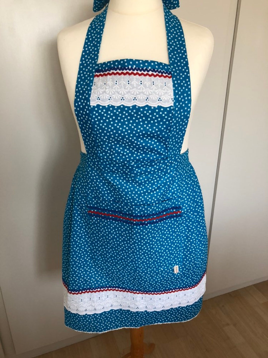Blue spotted ladies apron Full length ladies apron Blue dotty ladies ...