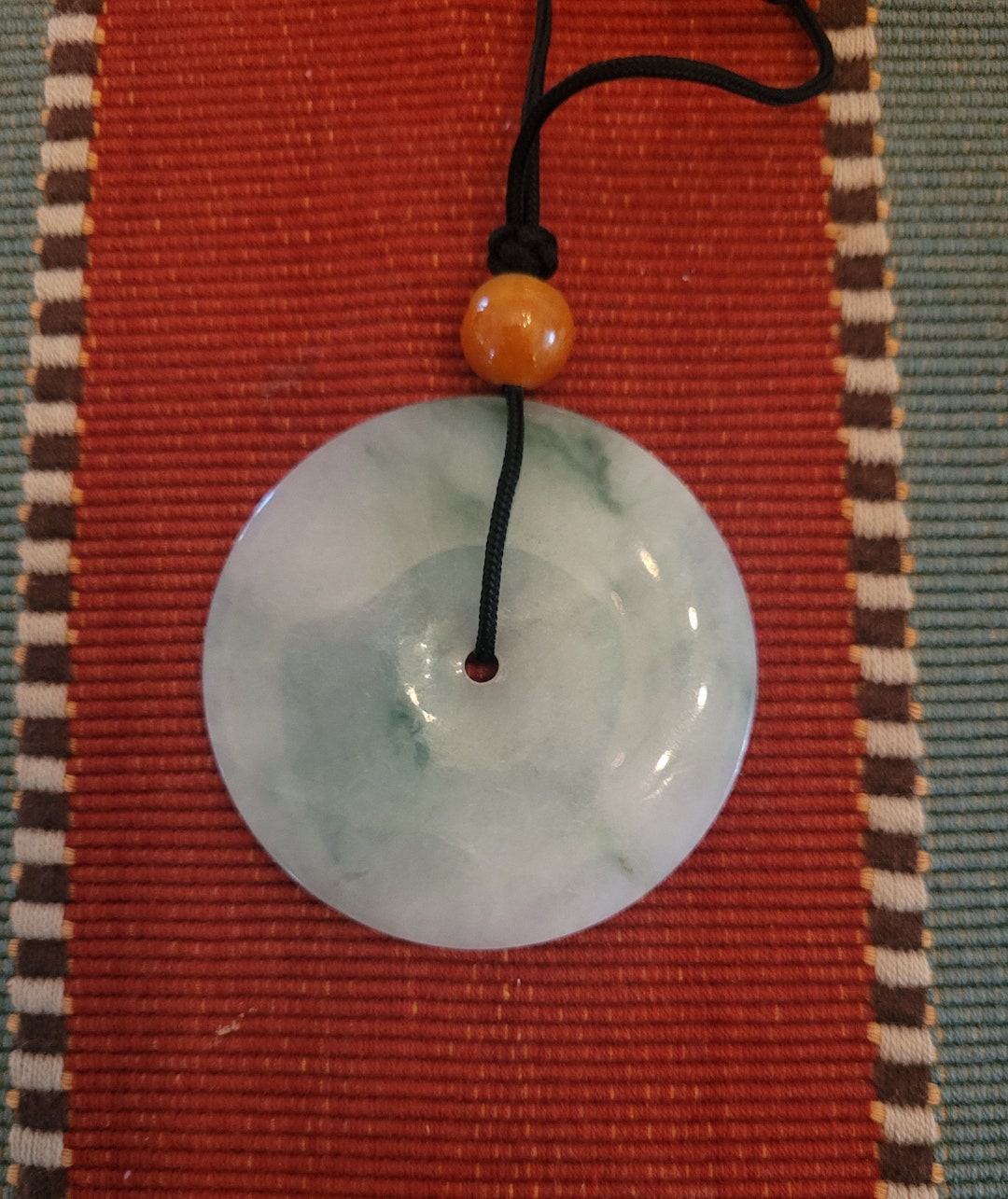 Jadeite Disc W/ Brown Jadeite Bead Necklace Chinese Safety Coin Symbol ...