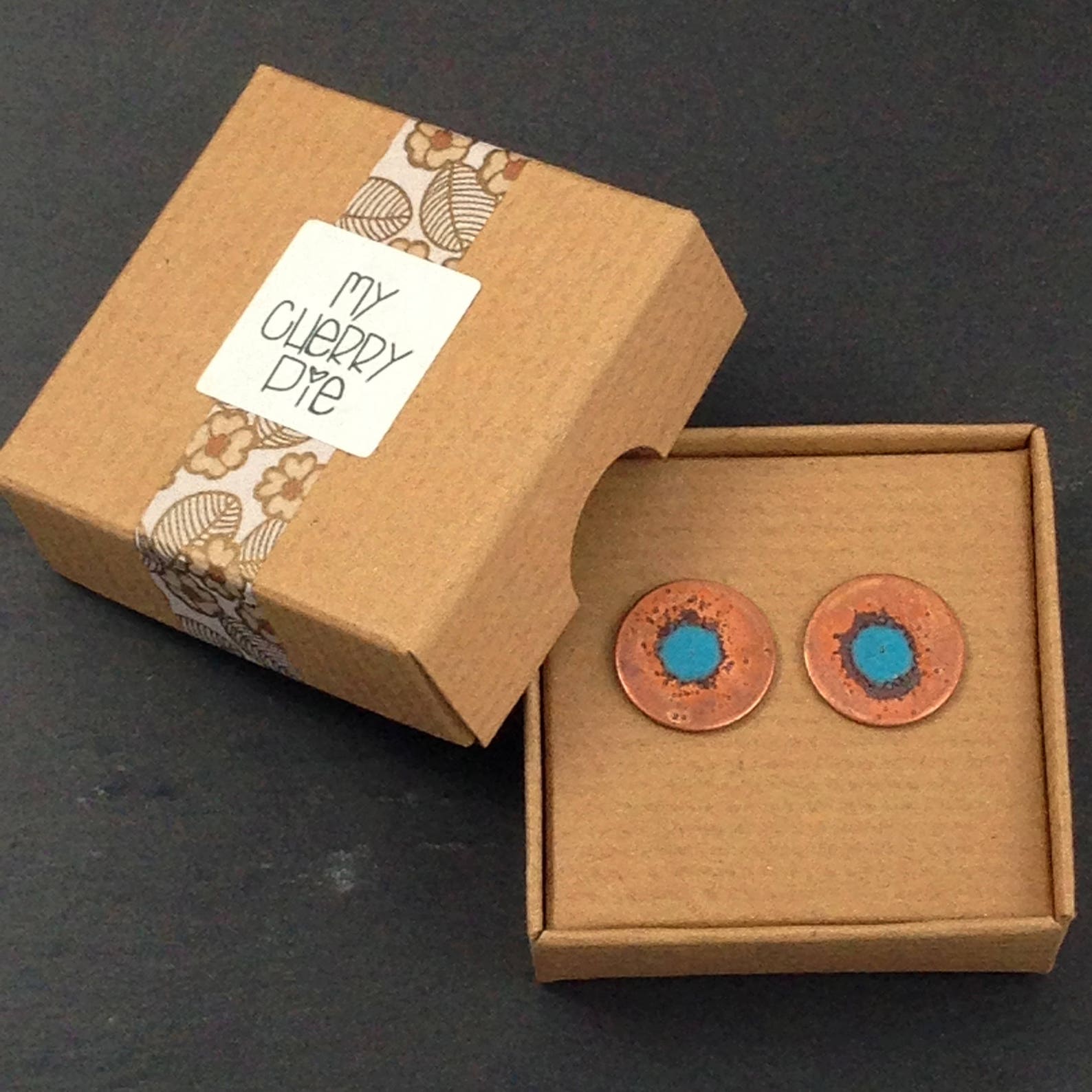 Splat Enamel Copper Earstuds - Copper Enamel Stud Earrings - Blue ...