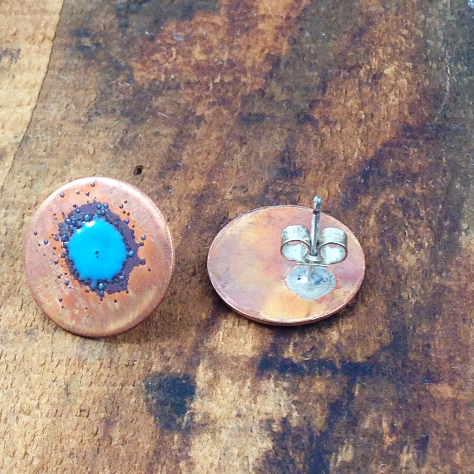 Splat Enamel Copper Earstuds - Copper Enamel Stud Earrings - Blue ...