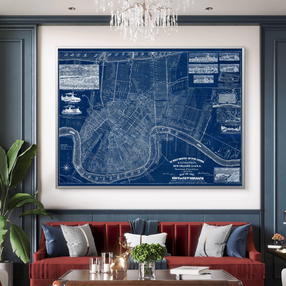1884 New Orleans Map Reprint - NOLA Pictorial Map Decor - 3 Color ...
