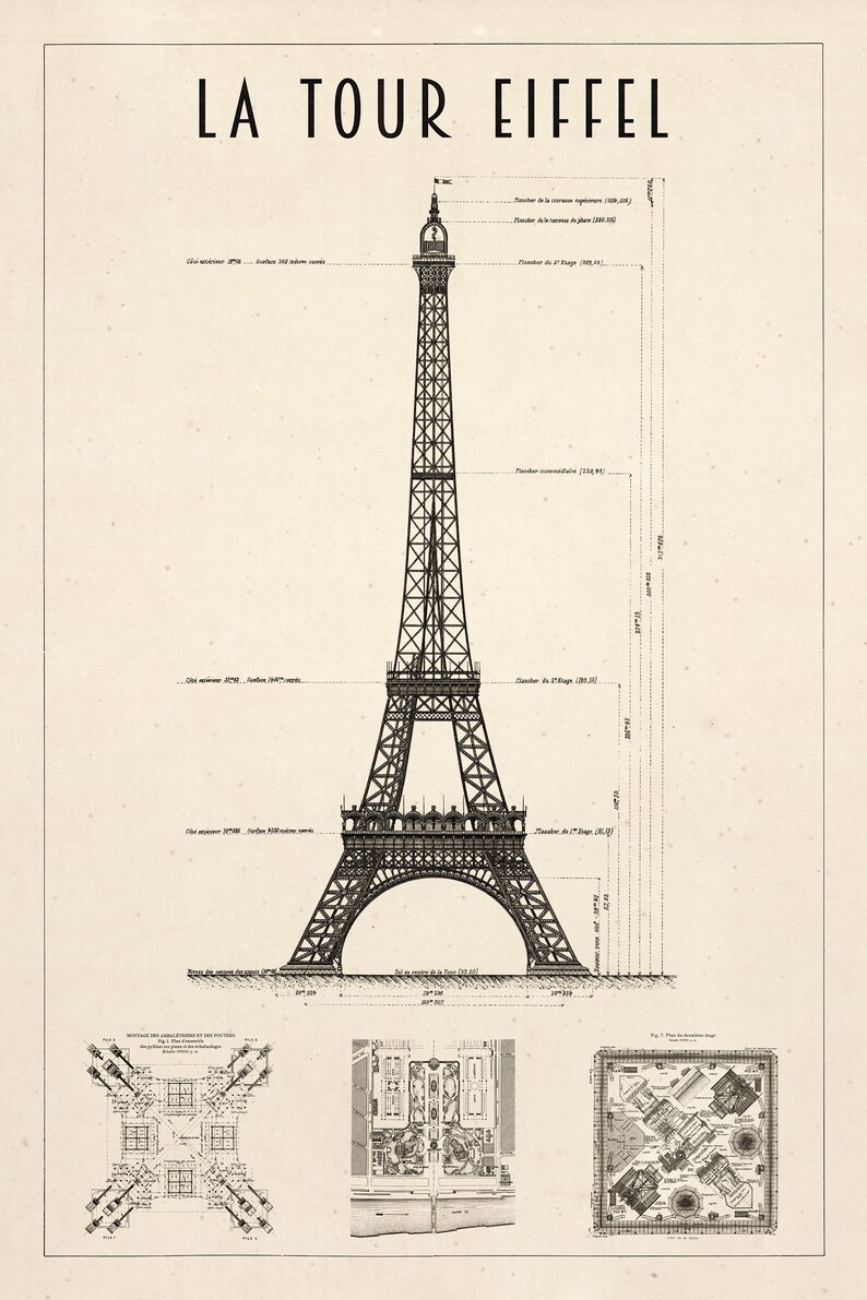 Eiffel Tower Blueprint Reprint Eiffel Tower Poster Print - Etsy