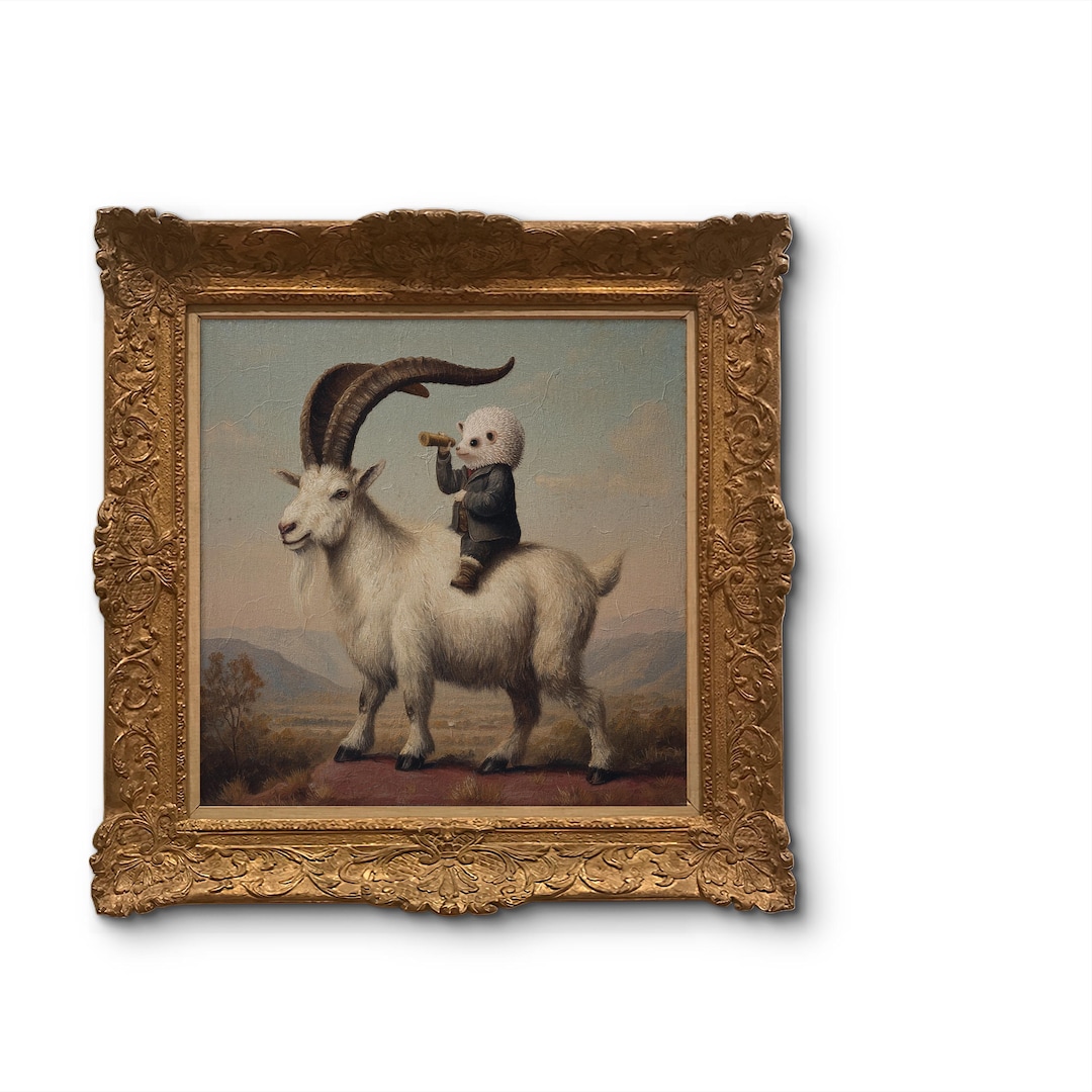 Whimsical Hedgehog Riding Goat Vintage-style Oil Painting Poster ...