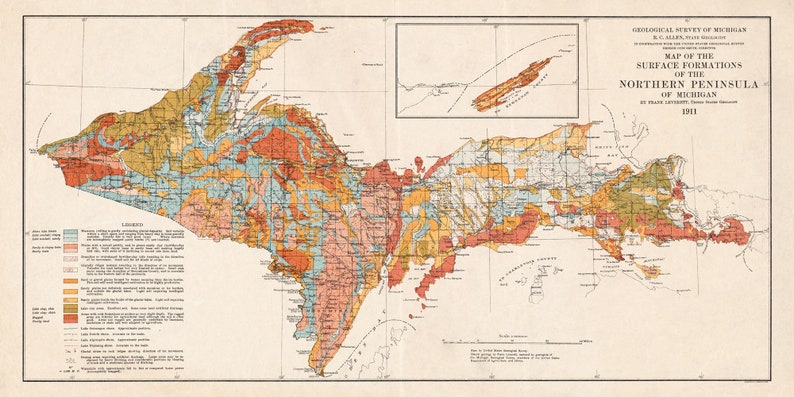 1911 Upper Peninsula Michigan Geological Map Reprint - Vintage Wall Art ...
