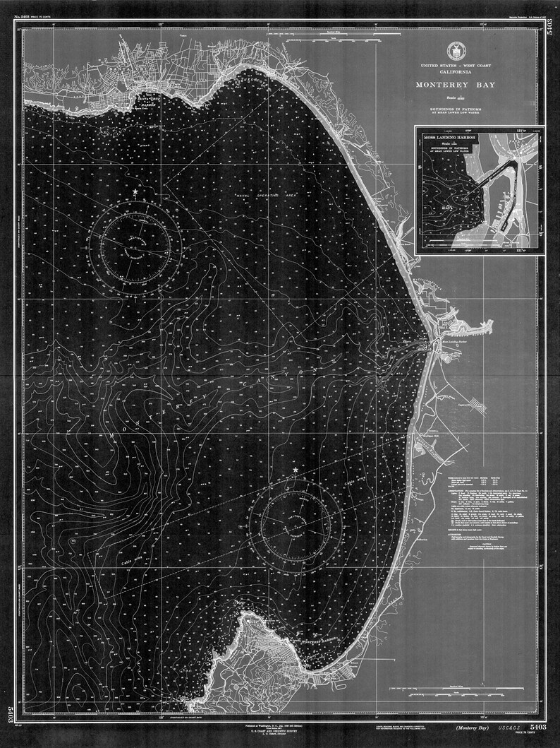 1948 Monterey Bay Nautical Chart Reprint, Vintage Monterey Bay CA Map ...
