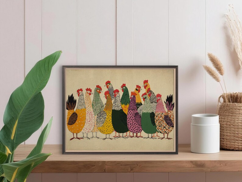 Colorful Chicken Art Print, Folk Art Farmhouse Decor, Whimsical Rooster ...