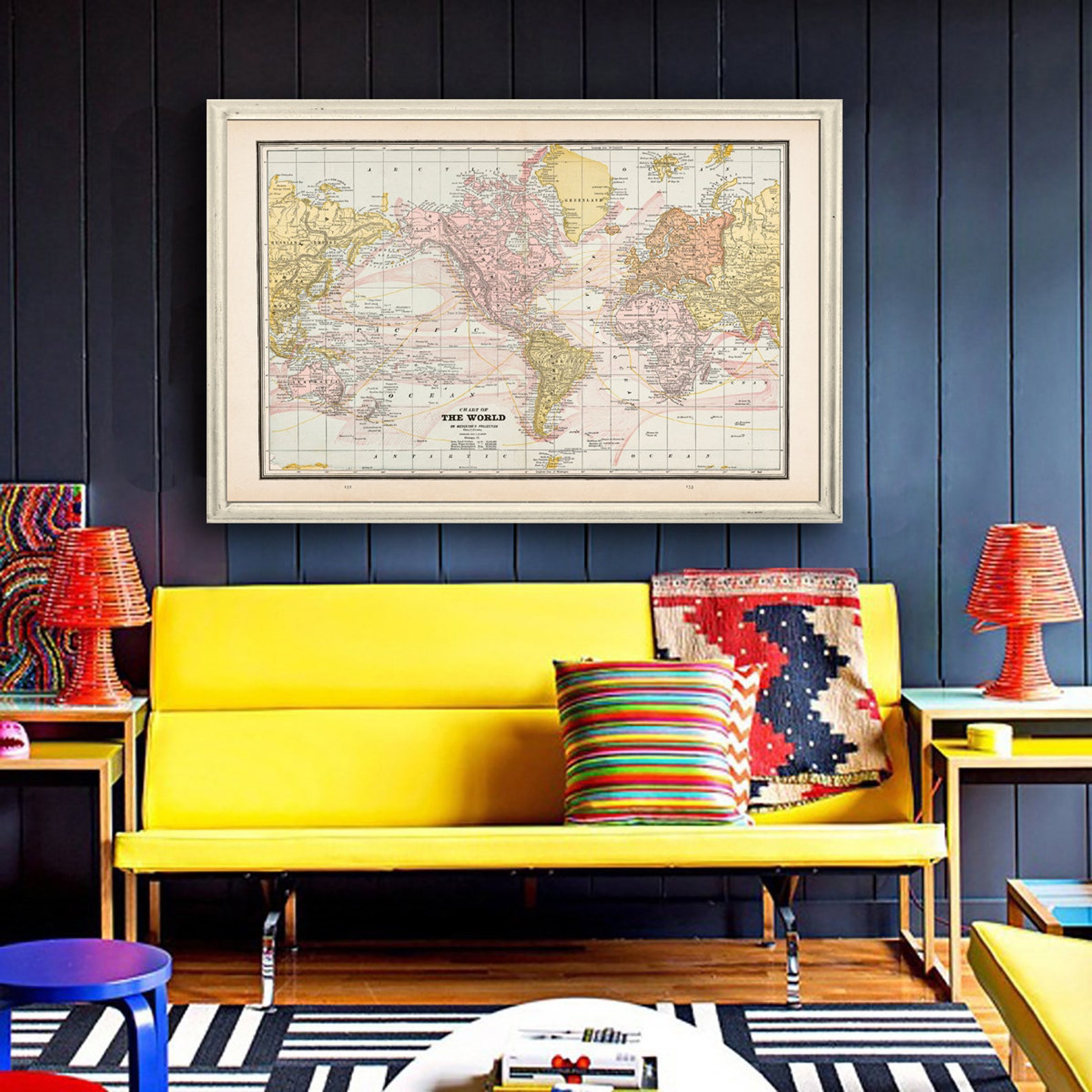 1887 World Map Reprint , Vintage Cram's "chart of the World" Map ...