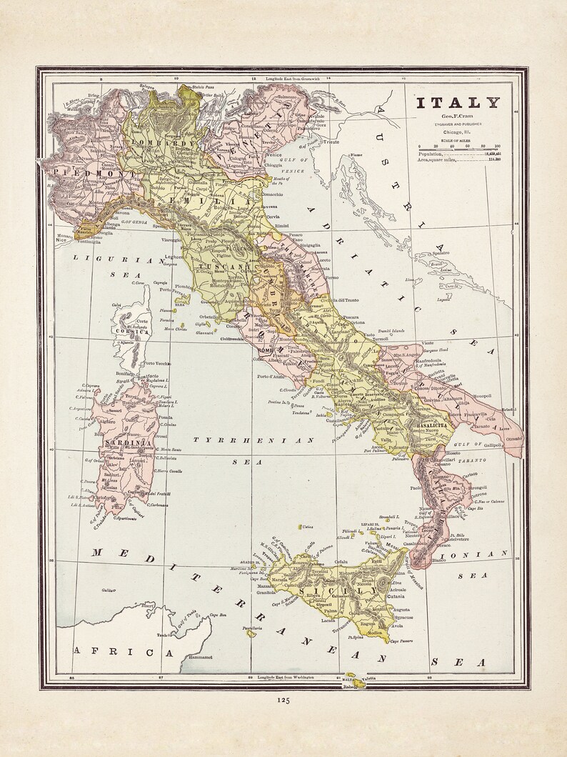 1887 Italy Map Reprint Vintage Italy Map Reprint 4 Large - Etsy