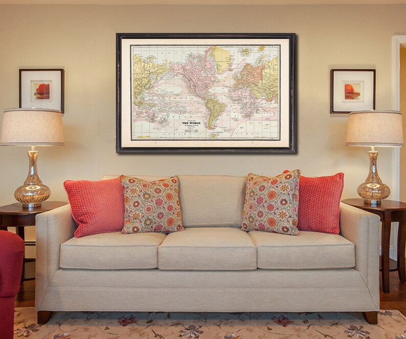 1887 World Map Reprint Vintage Cram's chart of the - Etsy