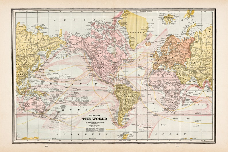 1887 World Map Reprint Vintage Cram's chart of the - Etsy