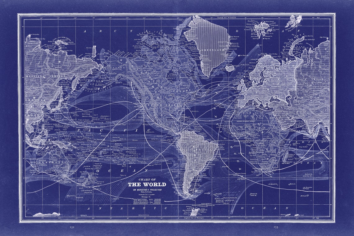 1887 World Map Reprint Vintage Cram's chart of the - Etsy