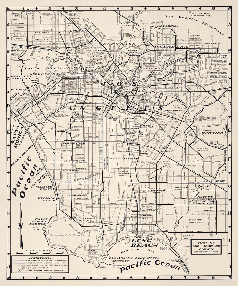 1940s Los Angeles Map Art Print: Mid-century Modern LA Decor - Etsy