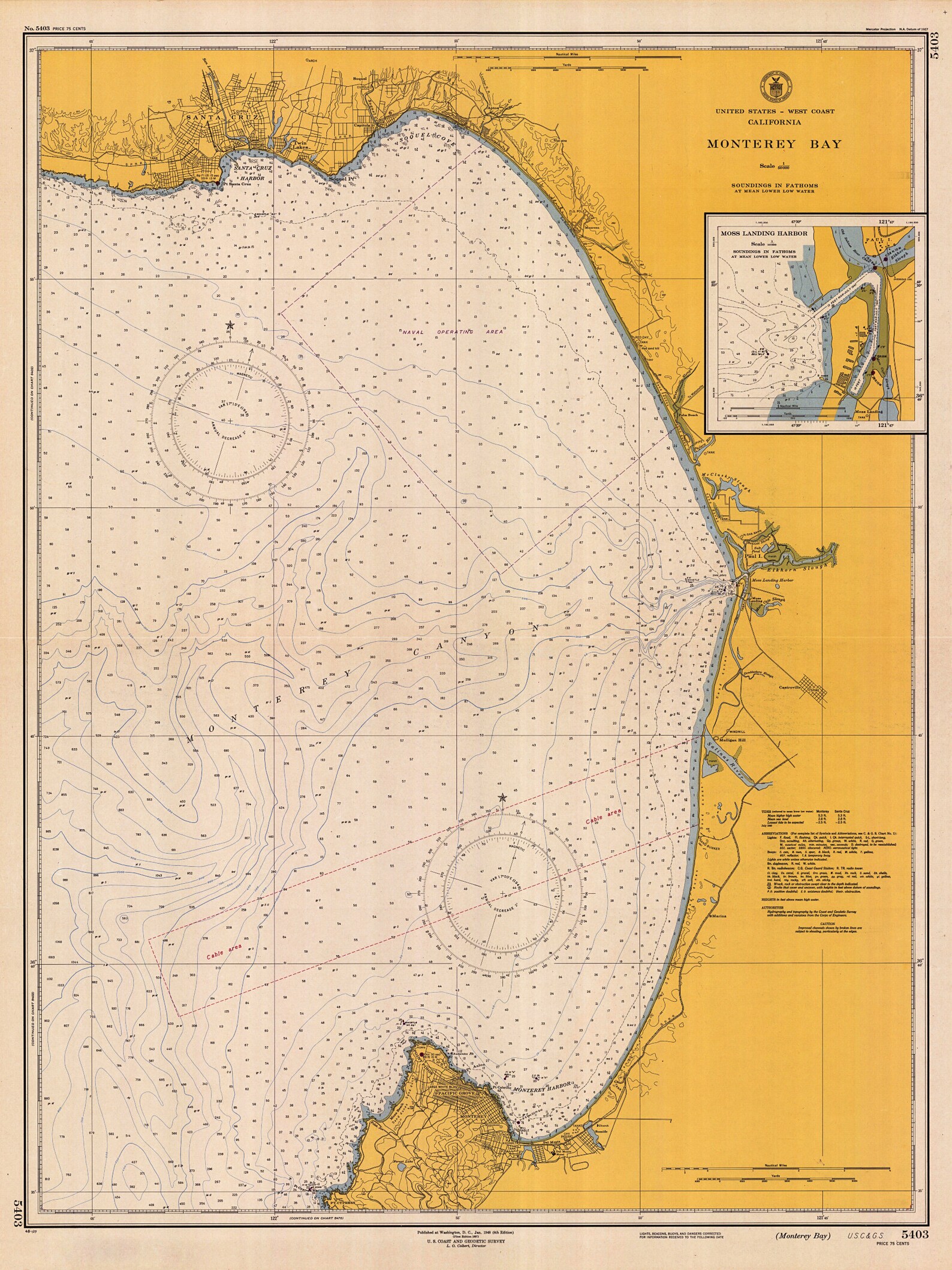 1948 Monterey Bay Nautical Chart Reprint, Vintage Monterey Bay CA Map ...