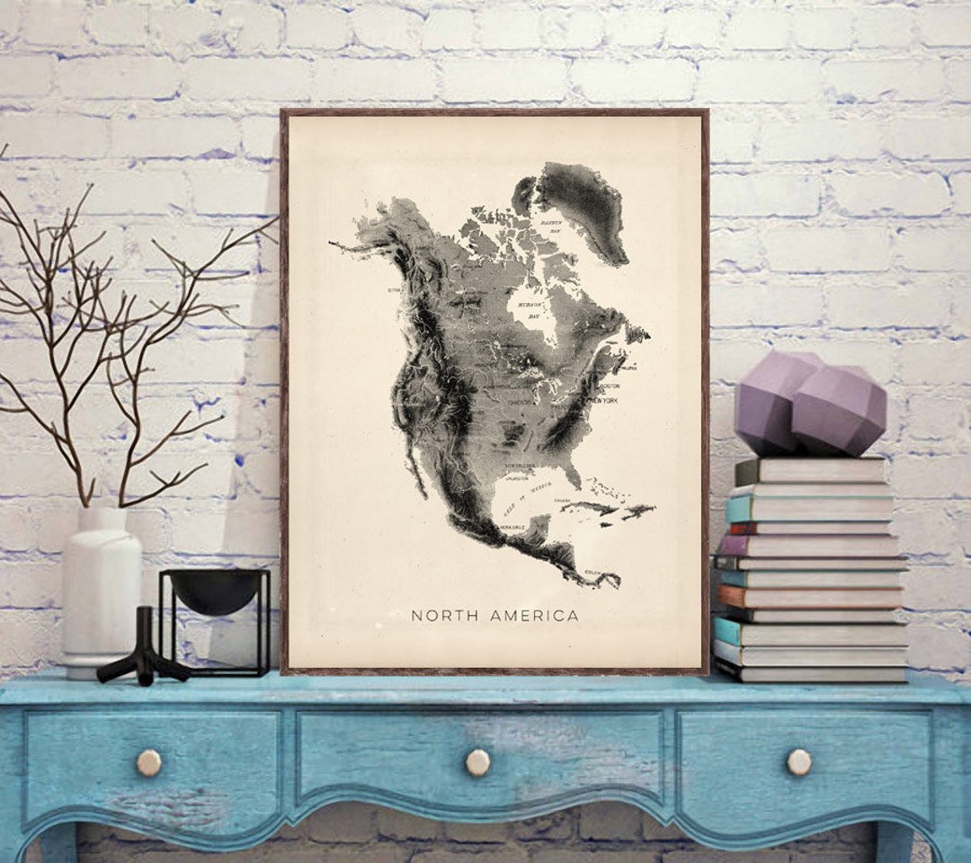 North America Relief Map Reprint, Vintage North America Map Reprint 6 ...