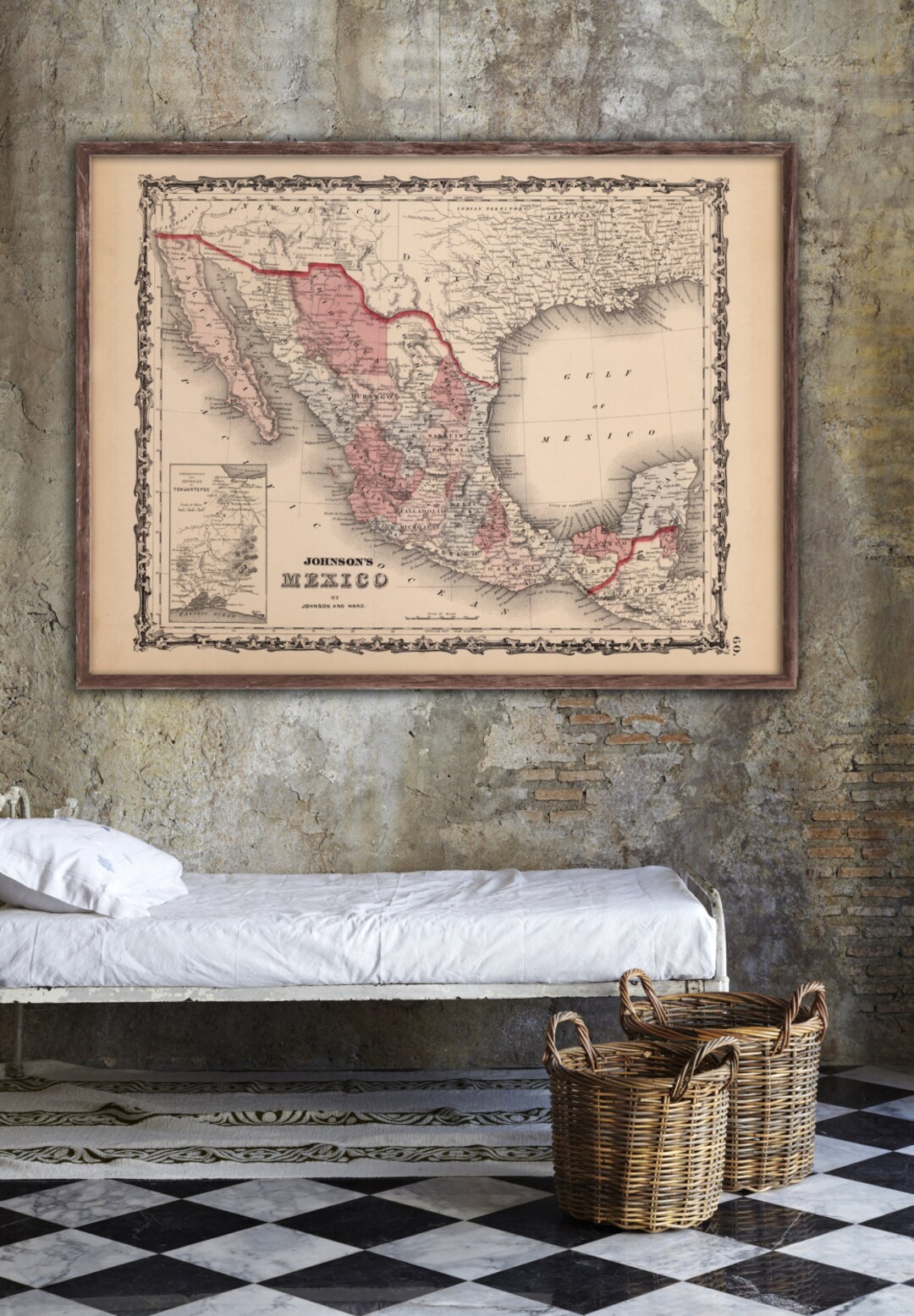 1862 Johnson's Mexico Map Reprint, Vintage Mexico Map Reprint 3 Color ...