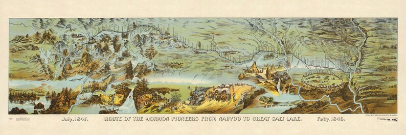 1846-1847 Route of the Mormon Pioneers Reprint, 1899 Mormon/lds Map ...