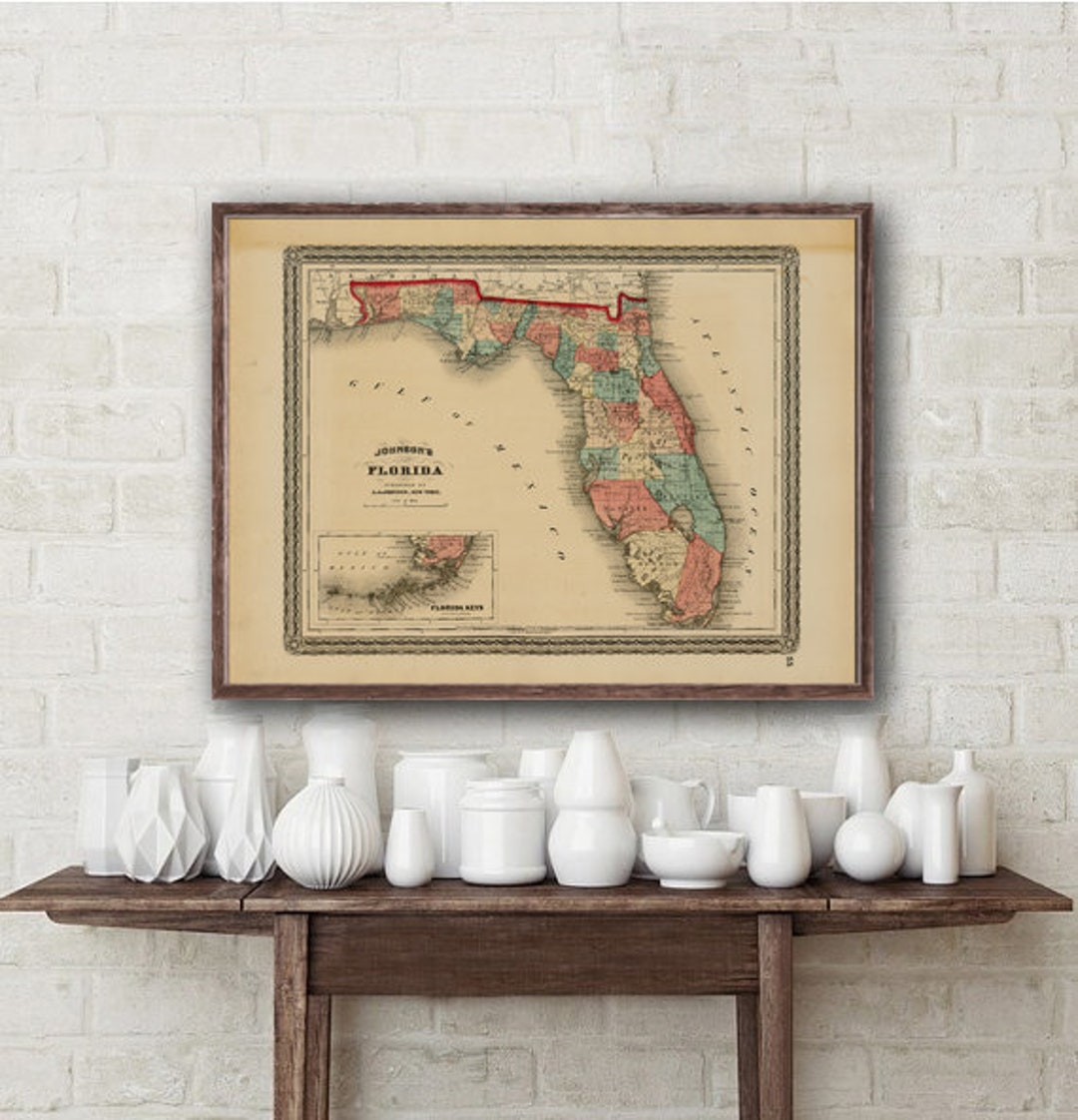 1870 Johnson's Map of Florida Reprint, Vintage Florida Map Reprint 4 ...