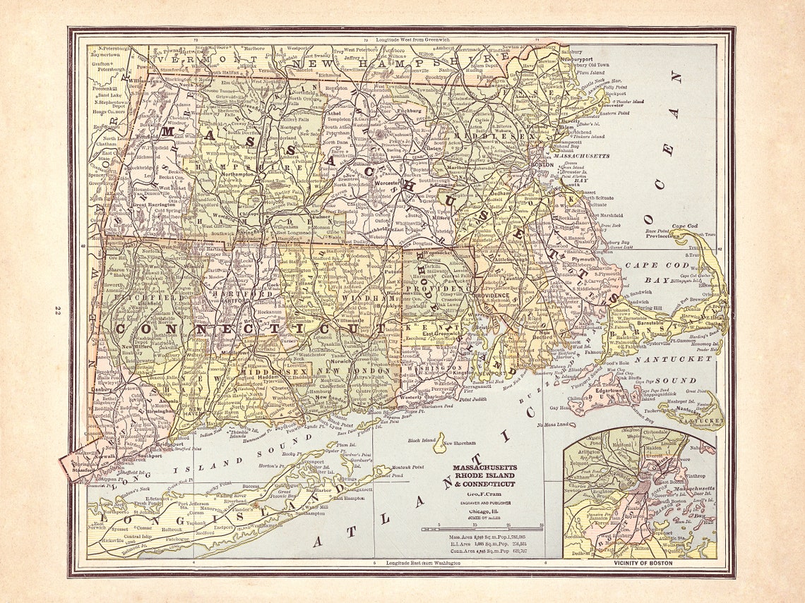 1887 Southern New England Map Reprint, (cram's Massachusetts, Rhode ...