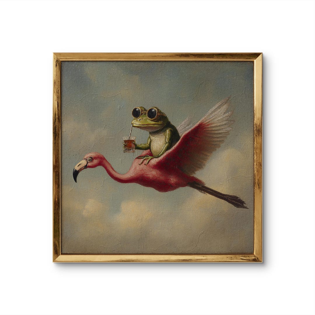 Frog on Flamingo Print – Whimsical Vintage-style Animal Kid's Decor ...