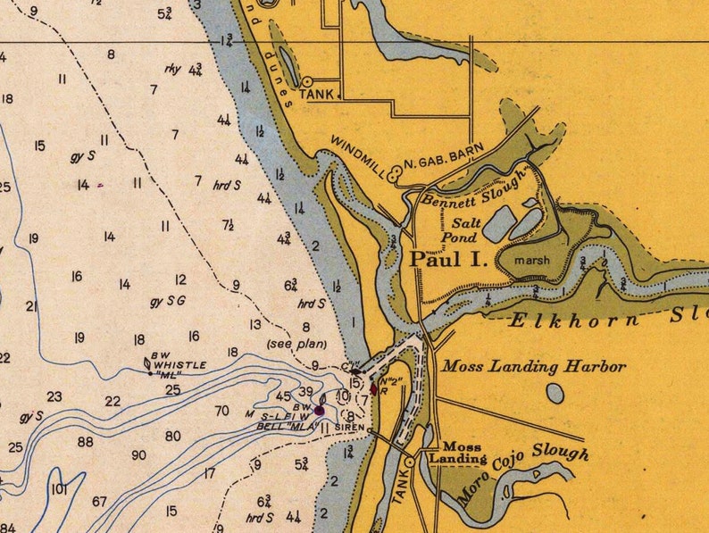 1948 Monterey Bay Nautical Chart Reprint, Vintage Monterey Bay CA Map ...
