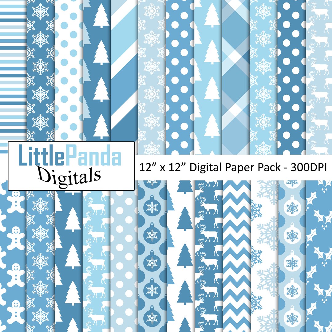 Blue Christmas Digital Paper, Snowflake Patterns, Moose, Christmas Tree ...