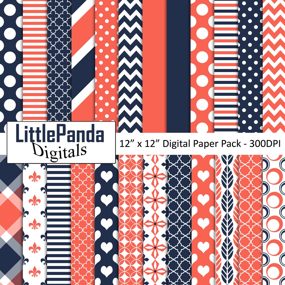 Coral and Navy Blue Digital Paper, Wedding Scrapbook Papers, Baby ...