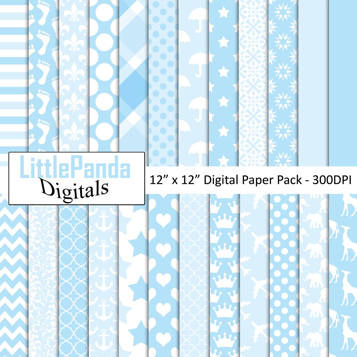 Baby Blue Digital Paper Baby Feet Umbrella Stars Crown Giraffe ...